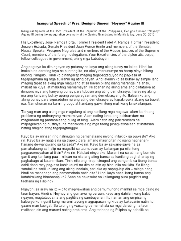 Inaugural Speech of Pres. Benigno Noynoy Aquino (In Tagalog and English ...