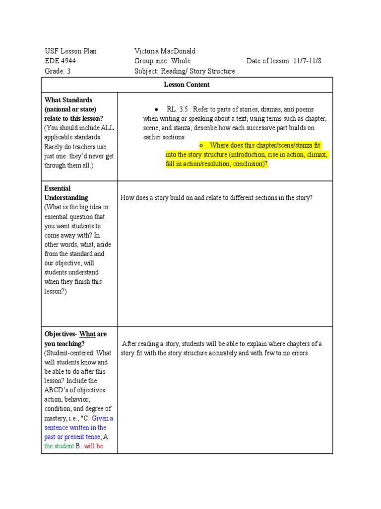 Usf Lesson Plan Victoria Macdonald Ede 4944 Group Size: Whole Date of ...