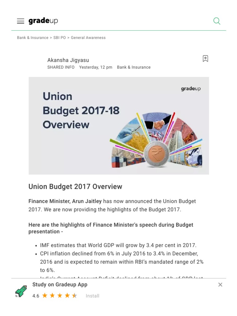 Union Budget 2017 Overview | PDF | Income Tax In India | Taxes