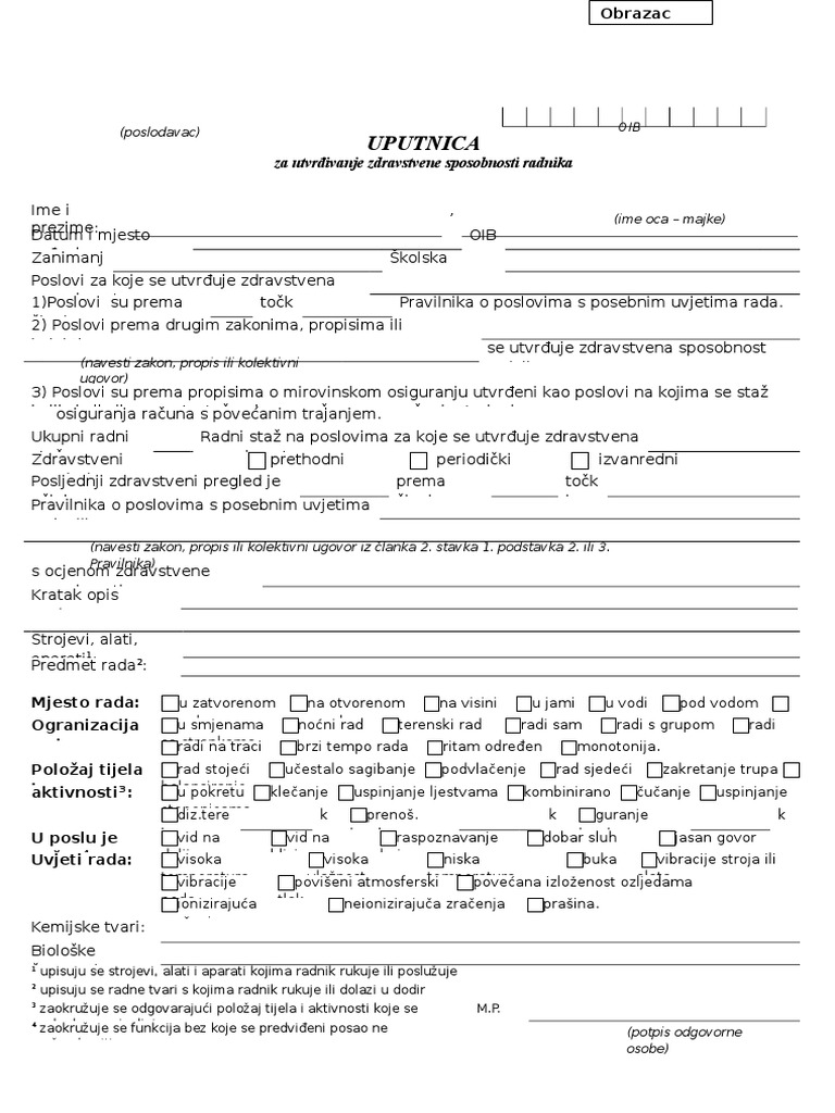 Uputnica: za utvrđivanje zdravstvene sposobnosti radnika