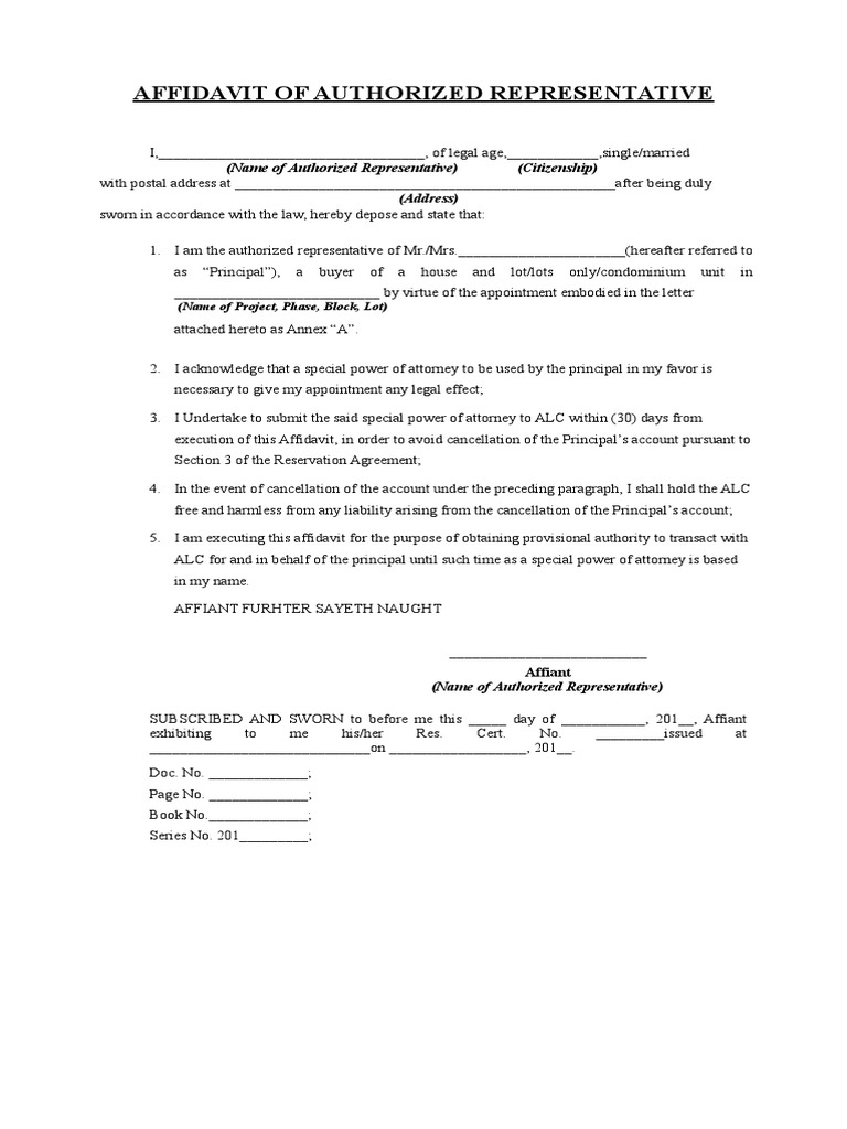 Affidavit of Authorized Representative | PDF