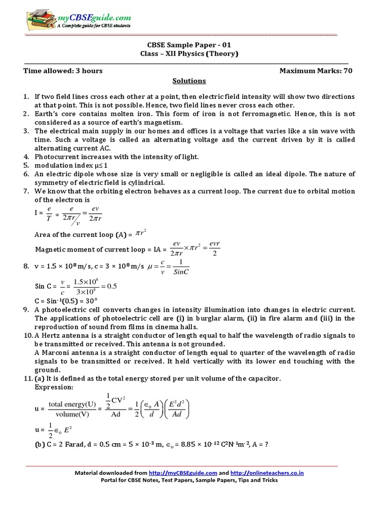 2017 12 Sample Paper Physics 01 Ans Yweiss PDF | PDF