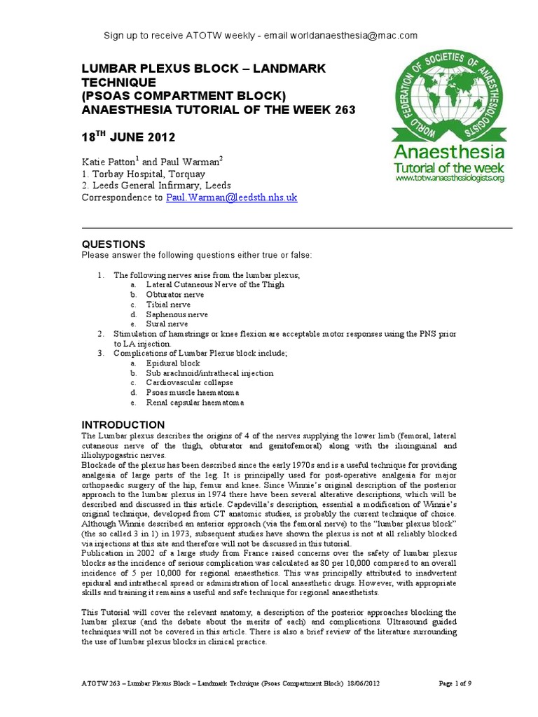 263 Lumbar Plexus Block - Psoas Compartment Block | Download Free PDF ...