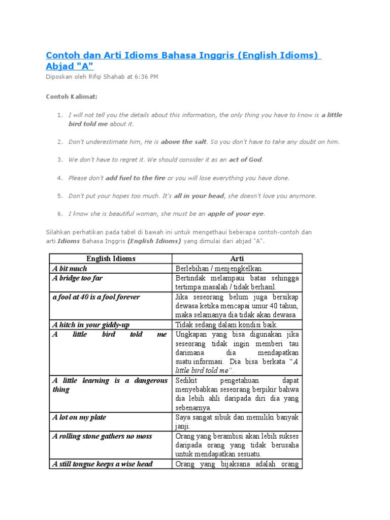 Contoh Dan Arti Idioms Bahasa Inggris Abjad A | PDF