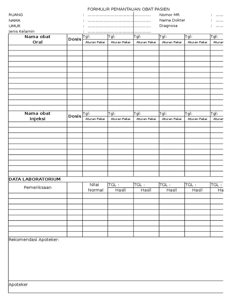 Nama Obat Dosis Oral: Formulir Pemantauan Obat Pasien | PDF