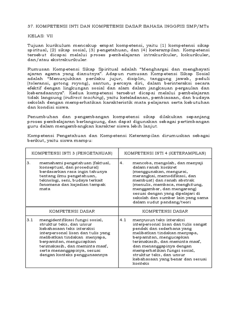 KI-KD Bing SMP (Lamp 37 Permendikbud 24-2016) | PDF