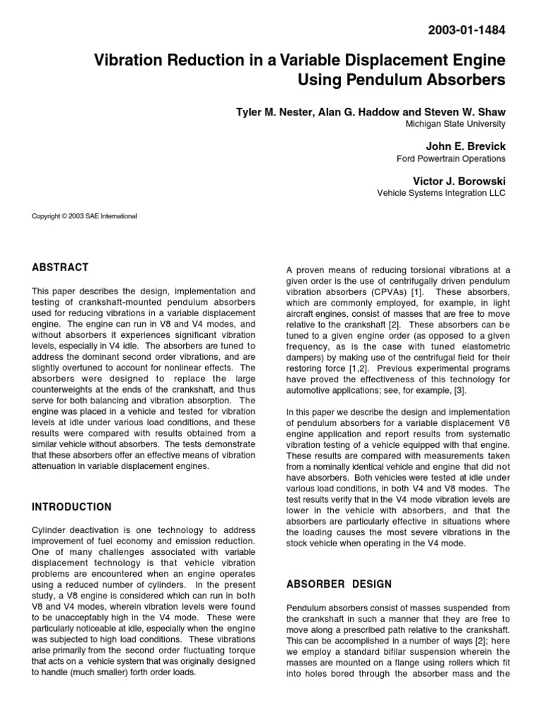 Vibration Reduction in A Variable Displacement Engine Using Pendulum ...