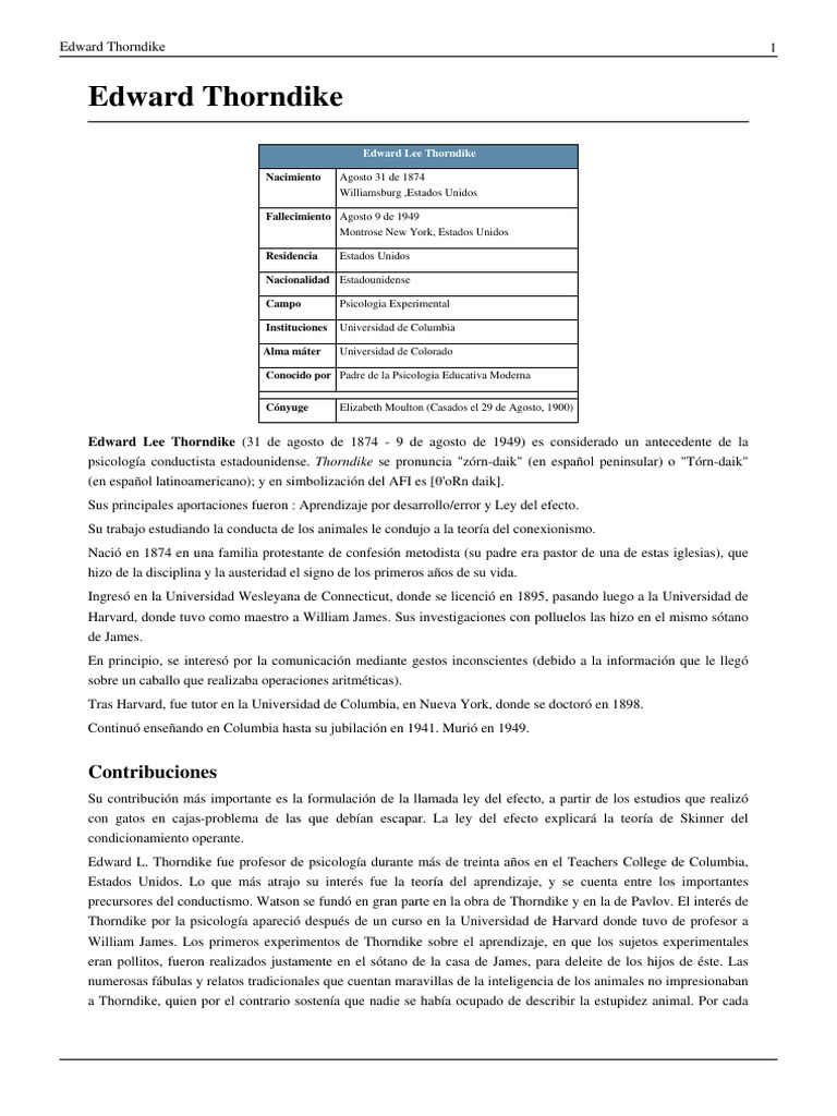 Thorndike: Pionero del Conductismo | PDF | Sicología | Conceptos ...