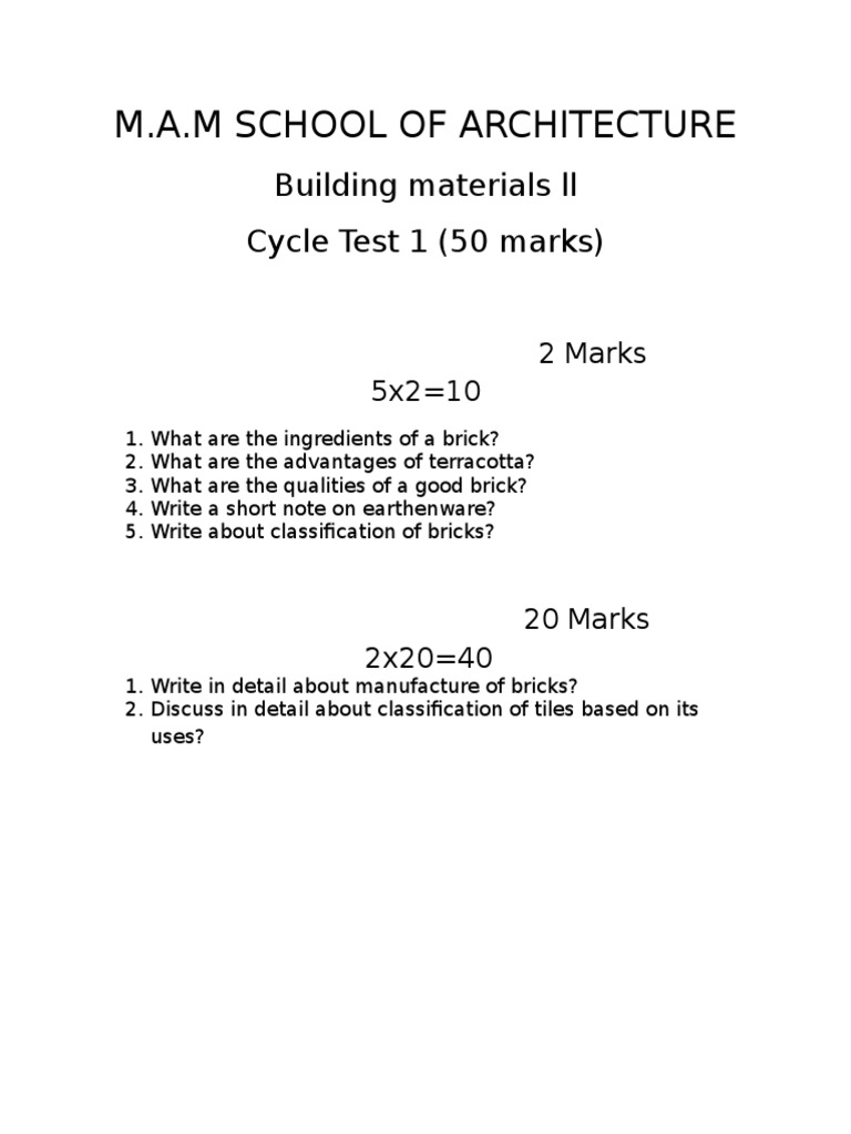 M.A.M School of Architecture: Building Materials LL Cycle Test 1 (50 ...