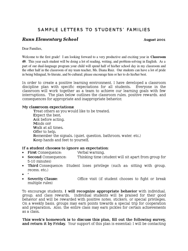 Sample Letters To Students' Families: Runn Elementary School | PDF ...