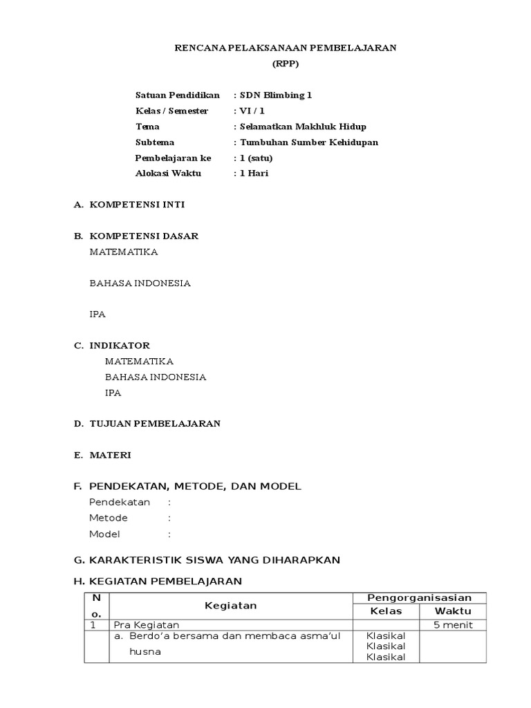 Contoh Tabel RPP Pembelajaran VI | PDF | Karier & Perkembangan | Seni ...