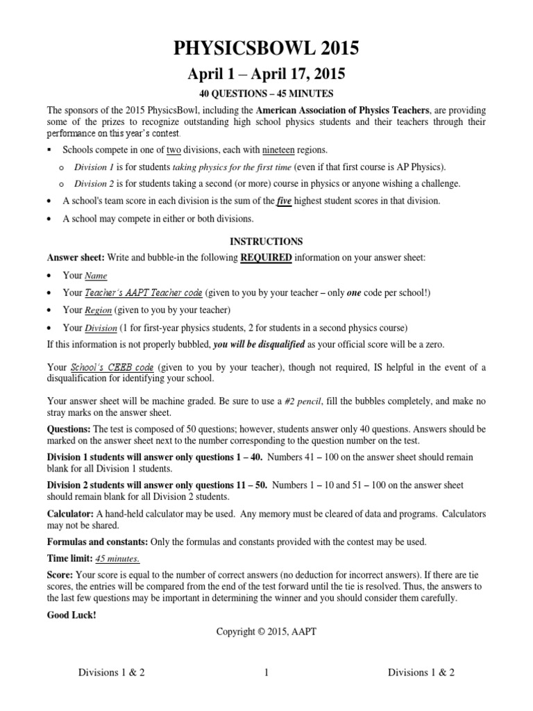 2015 PhysicsBowl Final | PDF