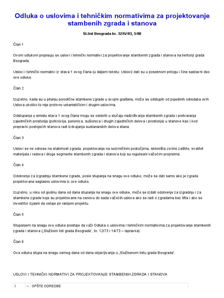 Odluka o Uslovima i Tehničkim Normativima Za Projektovanje Stambenih Zgrada i Stanova | PDF
