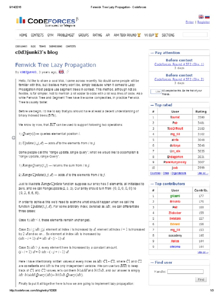 Fenwick Tree Lazy Propagation - Codeforces | PDF