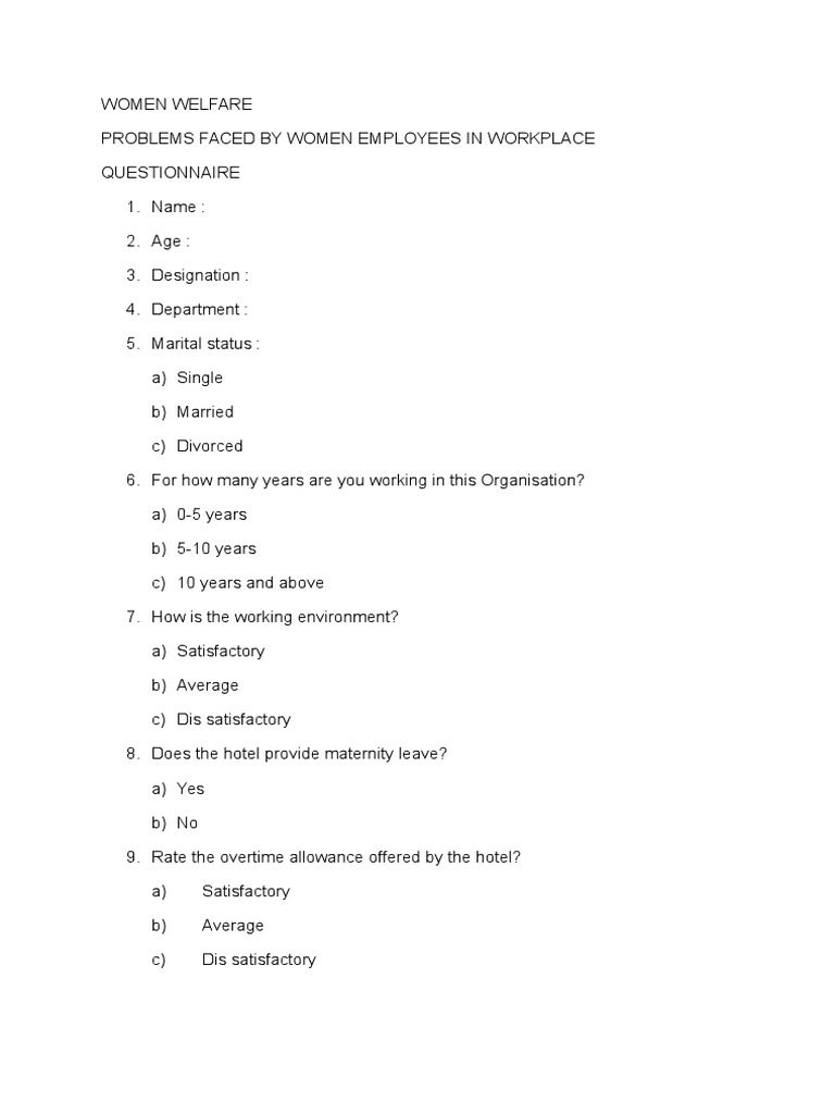 Women Welfare Questionnaire | PDF