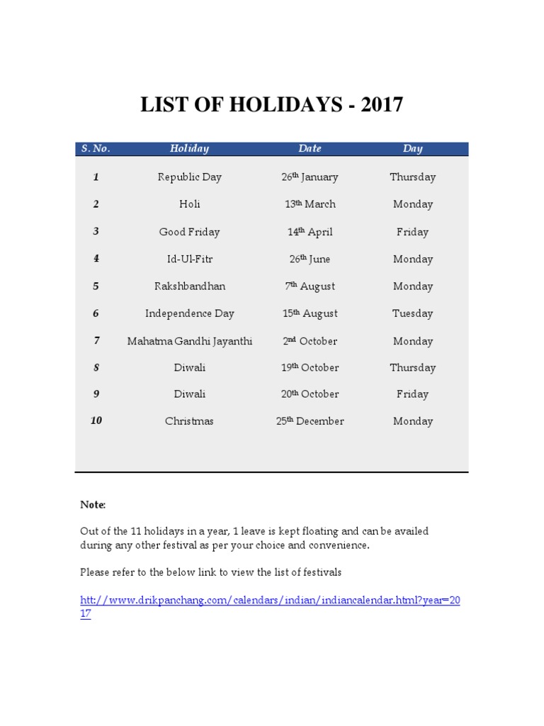 List of Holidays For 2017 | PDF