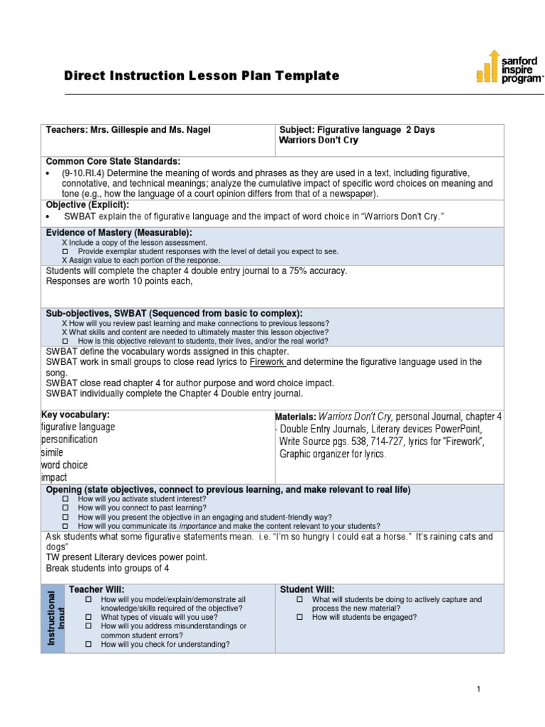 Warriors Dont Cry Lesson Plan | PDF | Lesson Plan | Educational Assessment