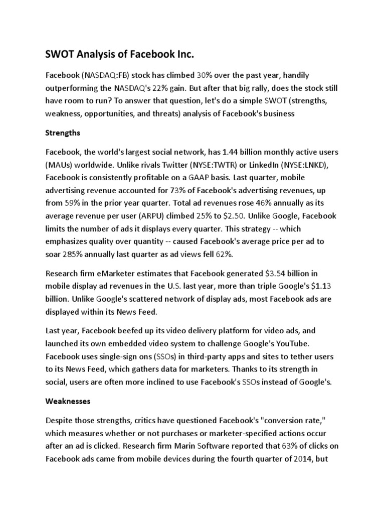 SWOT Analysis of Facebook Inc | PDF | Facebook | Google