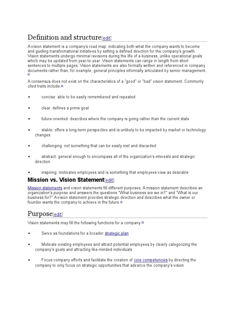Definition and Structure: Mission vs. Vision Statement | PDF ...