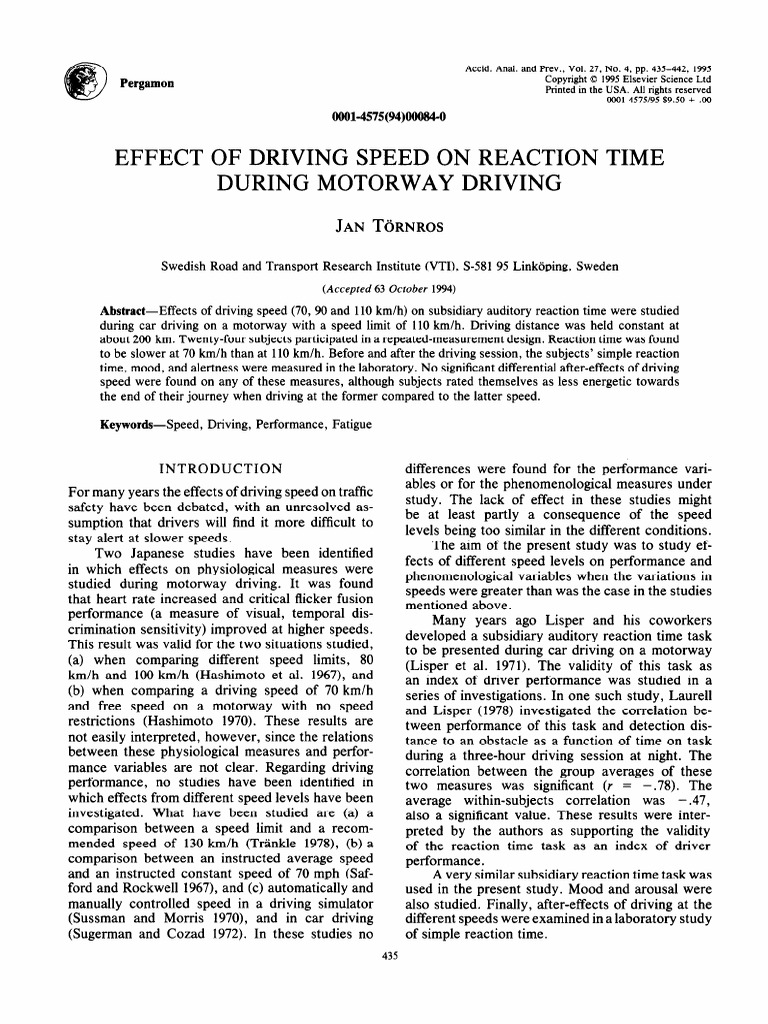 EFFECT OF DRIVING SPEED ON REACTION TIME DURING MOTORWAY DRIVING ...