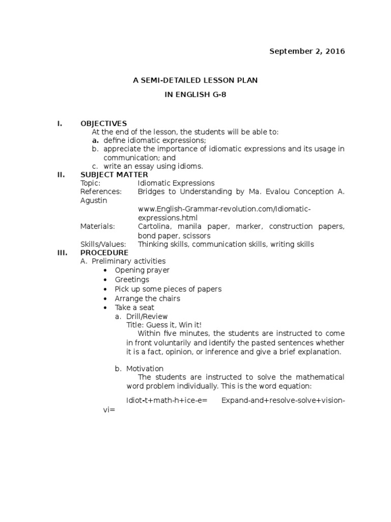 Lesson Plan on Idiomatic Expressions | PDF | Idiom | Lesson Plan