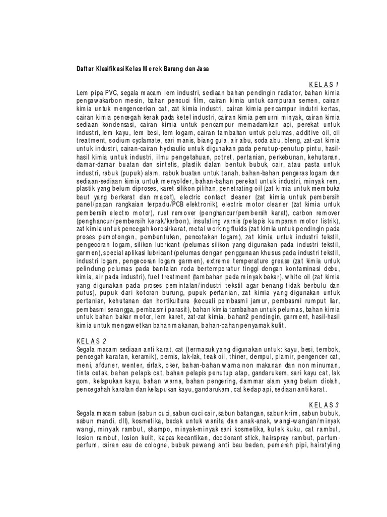 Daftar Klasifikasi Kelas Merek Barang Dan Jasa PDF | PDF
