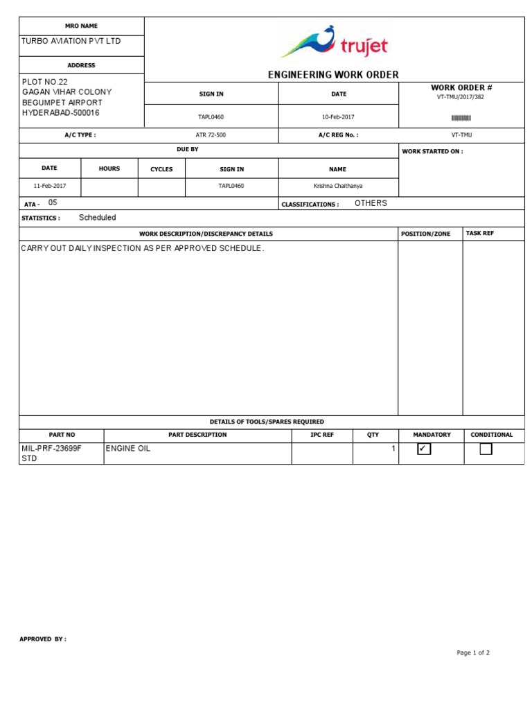 Engineering Work Order: Turbo Aviation PVT LTD | PDF | Aviation ...