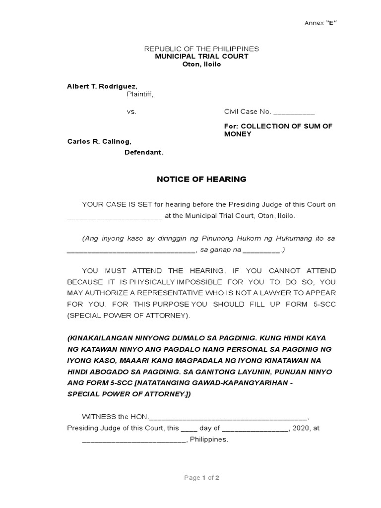 Notice Of Hearing Small Claims Court PDF