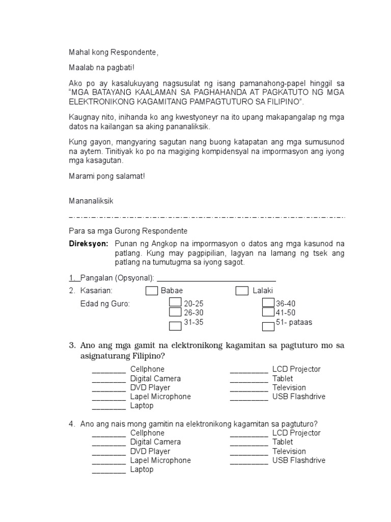 Kwestyuner Sa Tesis | PDF