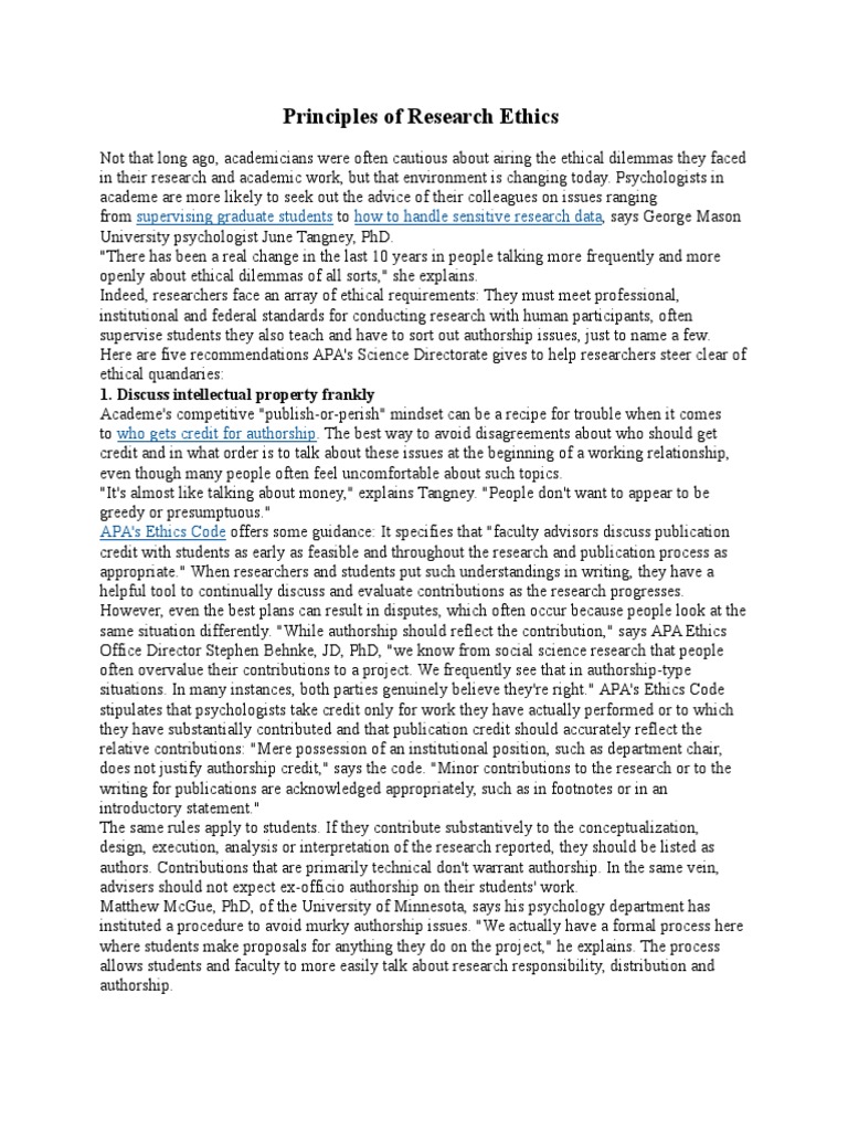 Principles of Research Ethics | PDF