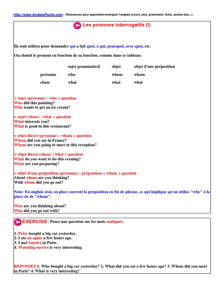 Les Pronoms Interrogatifs | PDF