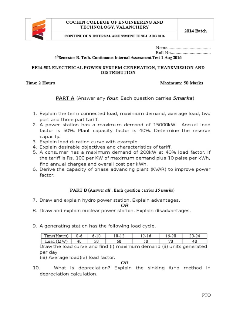 Semester B. Tech. Continuous Internal Assessment Test-1 Aug 2016 | PDF
