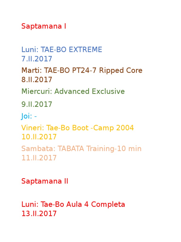 Tae-Bo and Tabata Workout Schedule for Weeks I and II | PDF