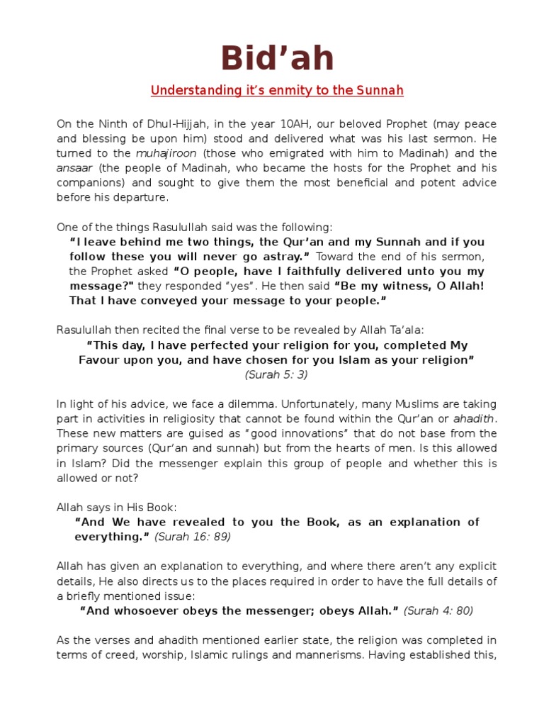 Bid'Ah - Understanding Its Enmity To The Sunnah | PDF | Sahabah ...