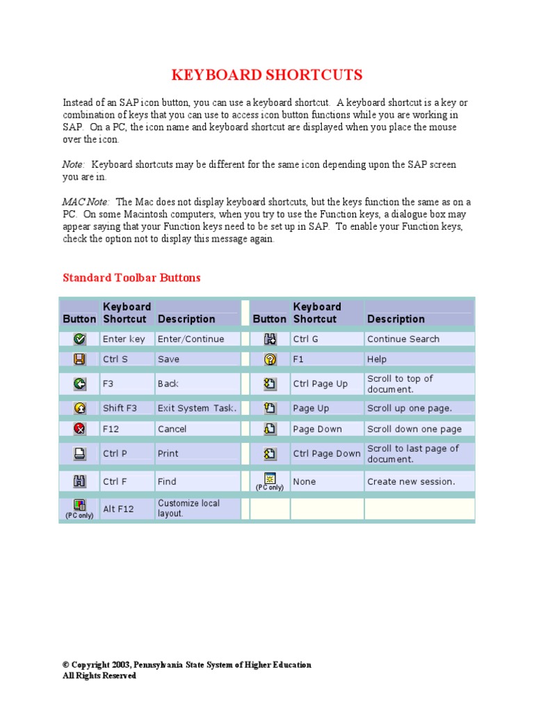 SAP Shortcut Keys PDF | PDF | Keyboard Shortcut | Control Key