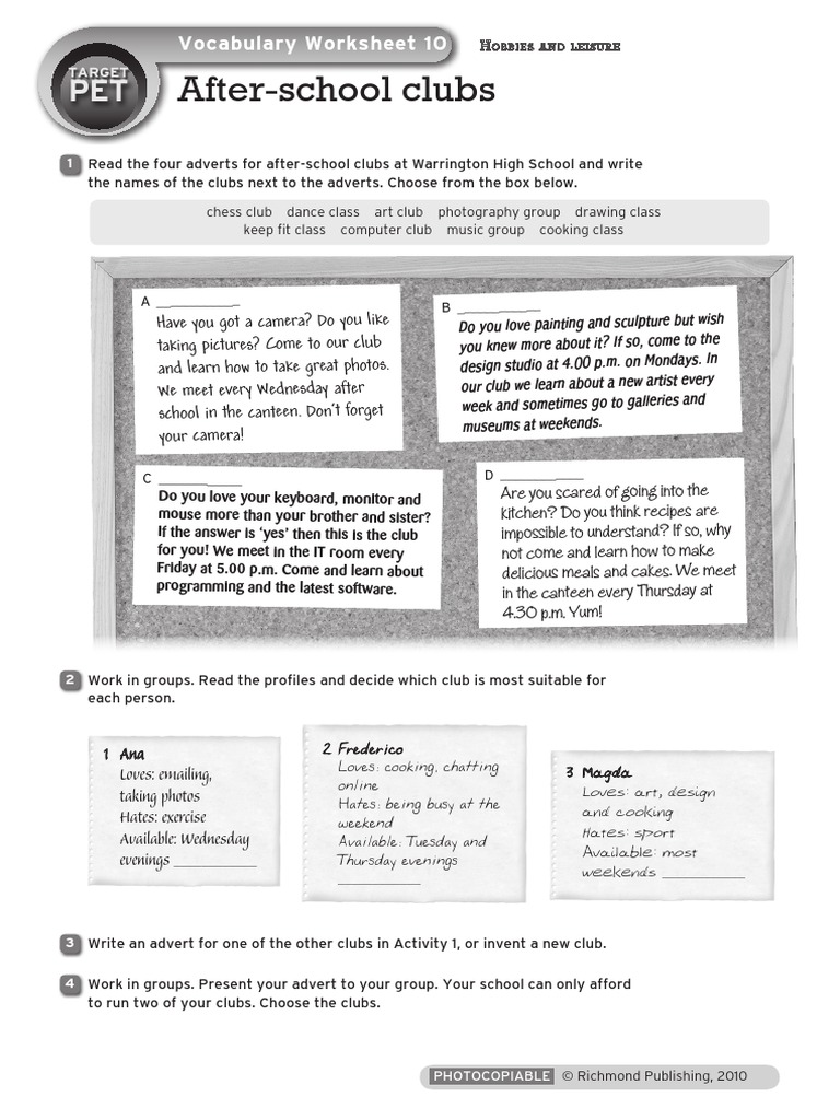 After-School Clubs: Vocabulary Worksheet 10 | PDF | Computing And ...