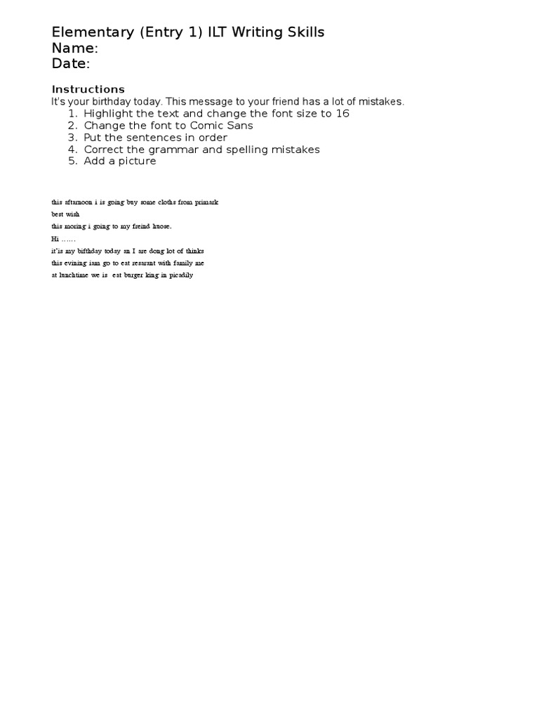 Elementary (Entry 1) ILT Writing Skills Name: Date:: Instructions | PDF
