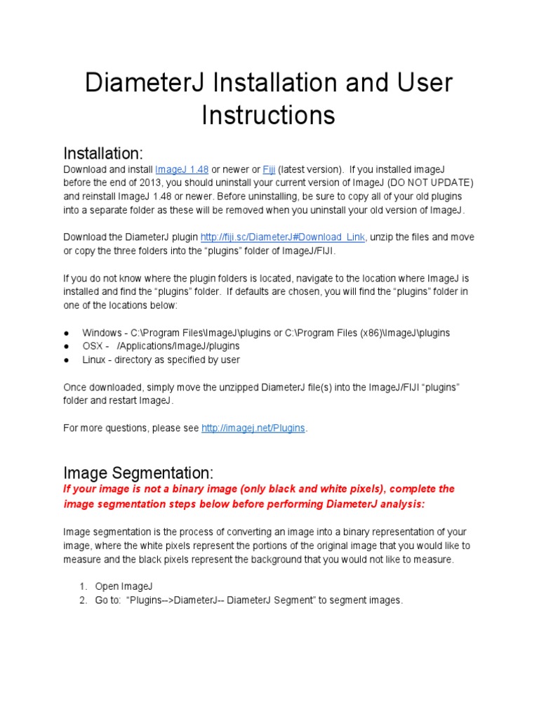 DiameterJ Setup & Usage Guide | PDF | Image Segmentation | Installation (Computer Programs)