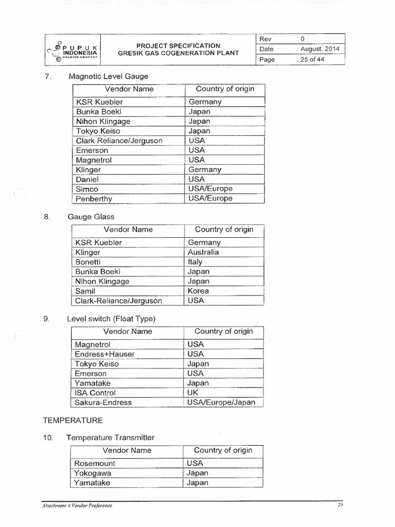 Project Specification - Gresik Gas Cogeneration Plant Vendor List | PDF ...