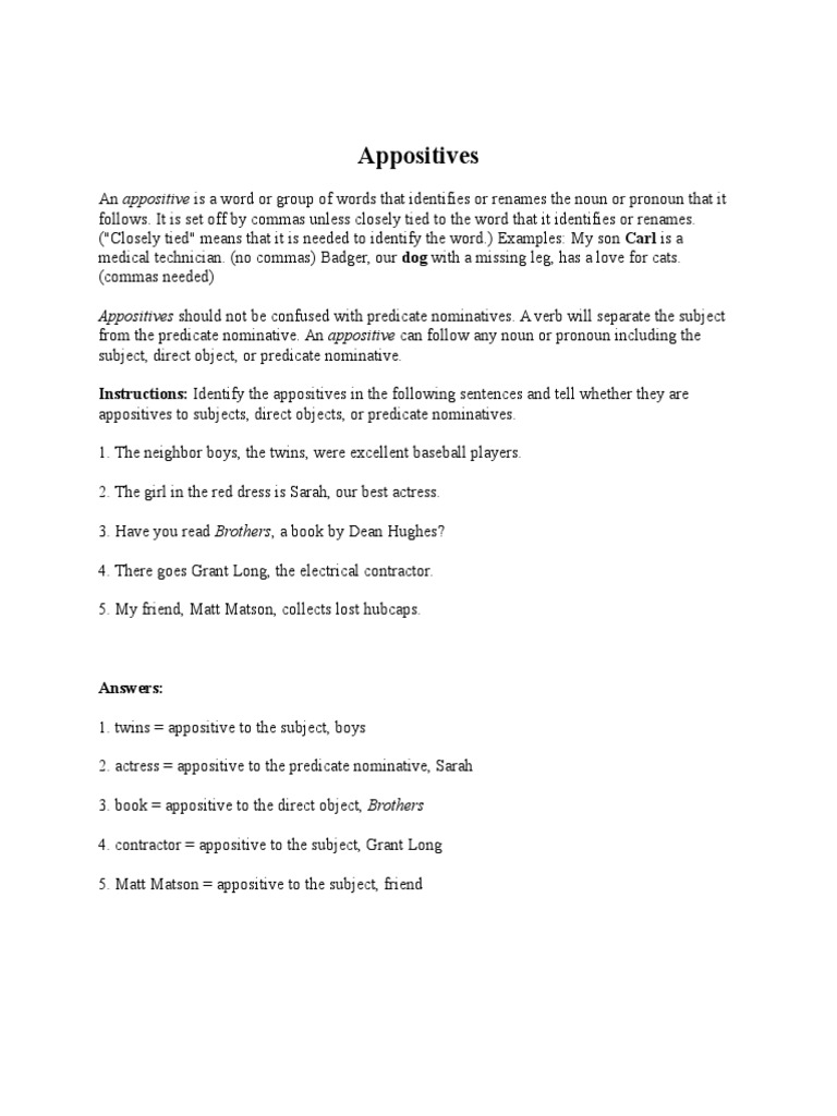 Appositives: Appositives Should Not Be Confused With Predicate ...