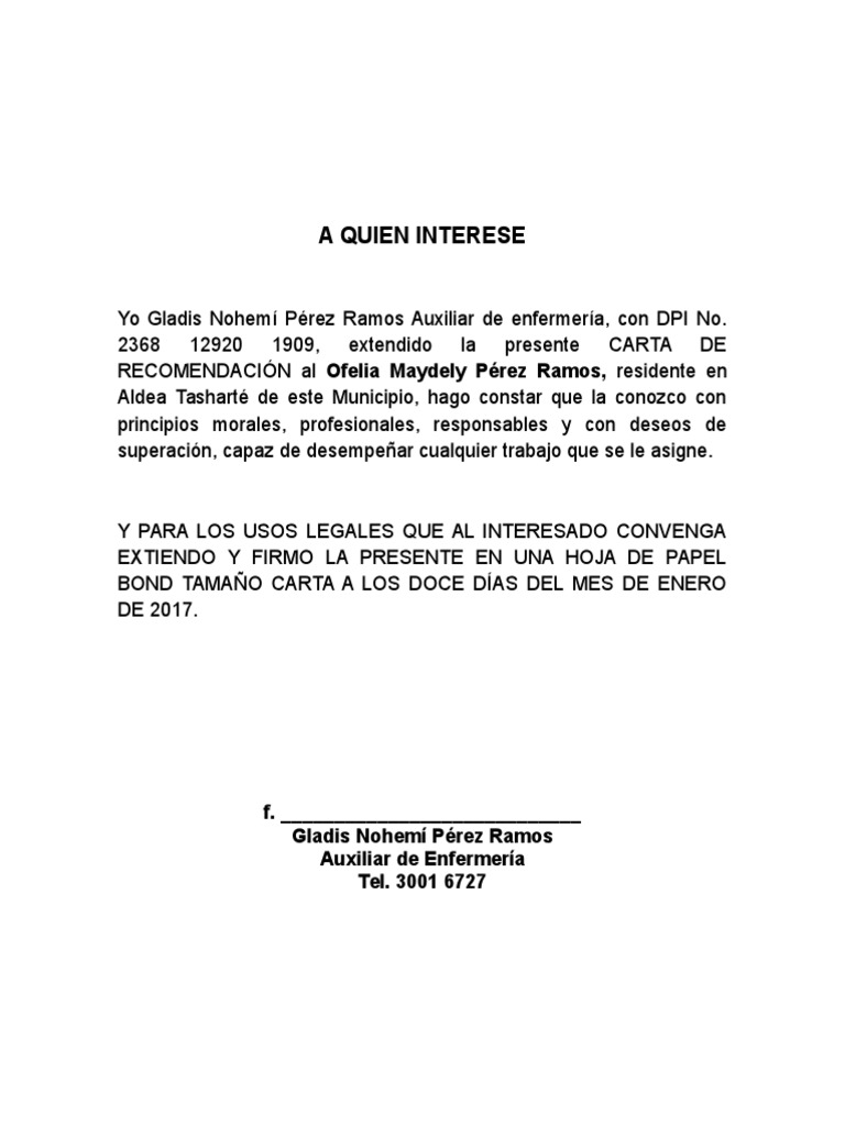 A QUIEN INTERESE Carta de Recomendacion | PDF