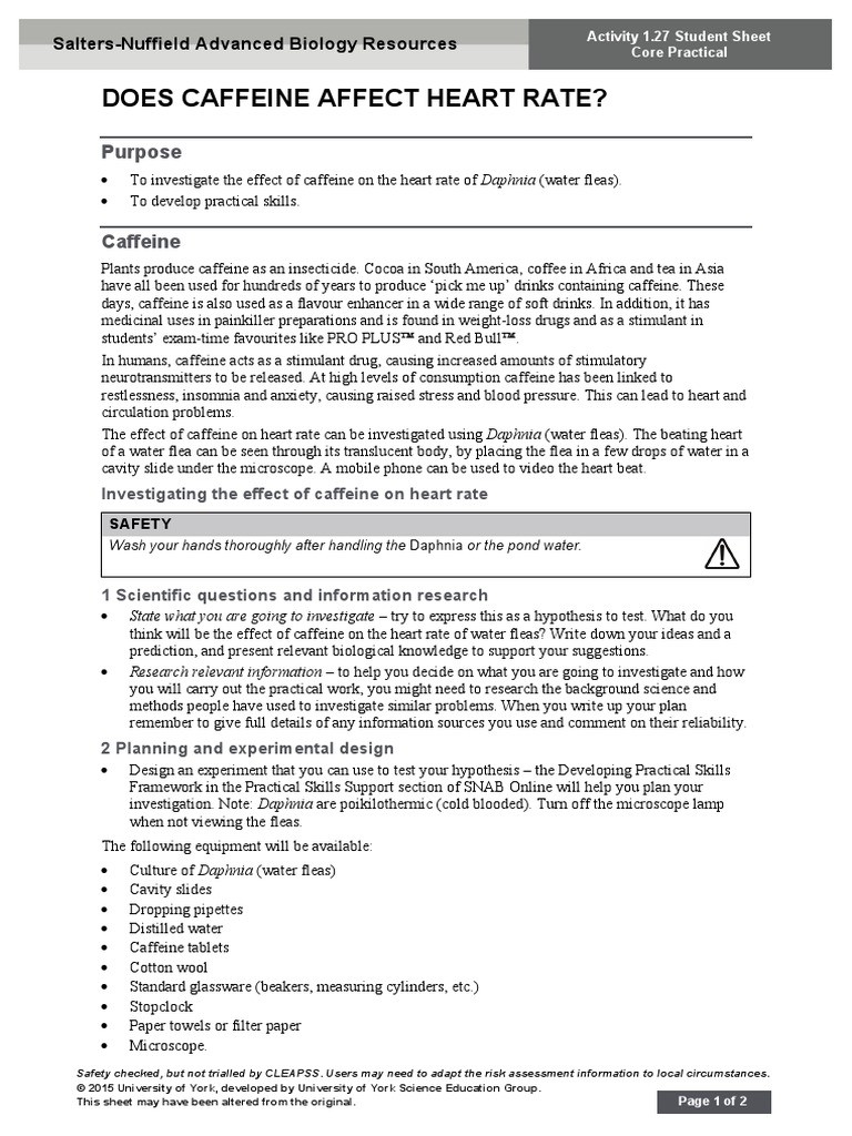 A Level Biology A Snab Core Practical 1 Daphnia Heart Rate Pdf Caffeine Experiment