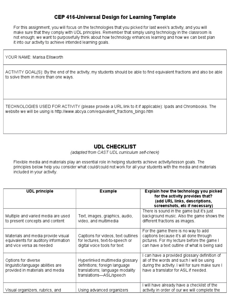 Udl Worksheet | PDF | Classroom | Lesson Plan
