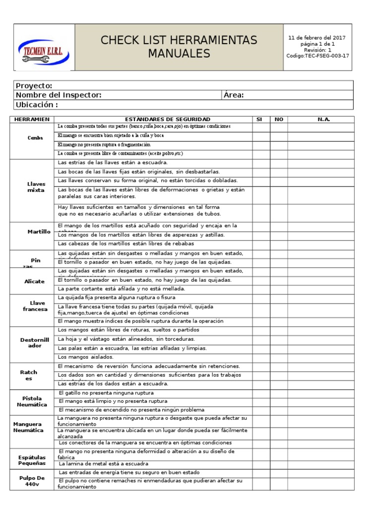 Check List Herramientas Manuales | PDF | Herramientas