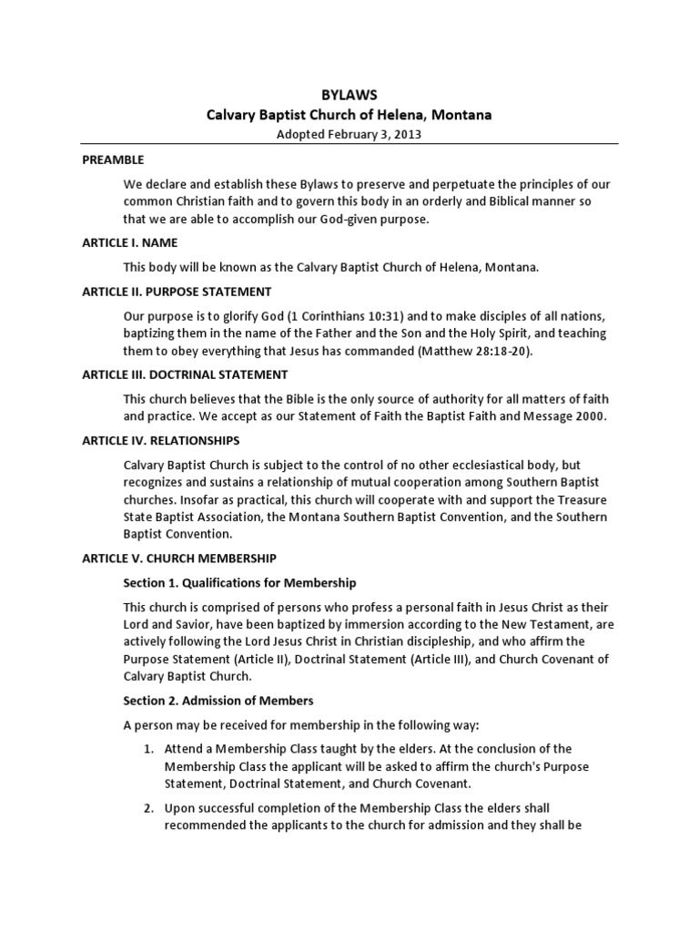 Bylaws Calvary Baptist Church of Helena, Montana: Preamble | PDF ...