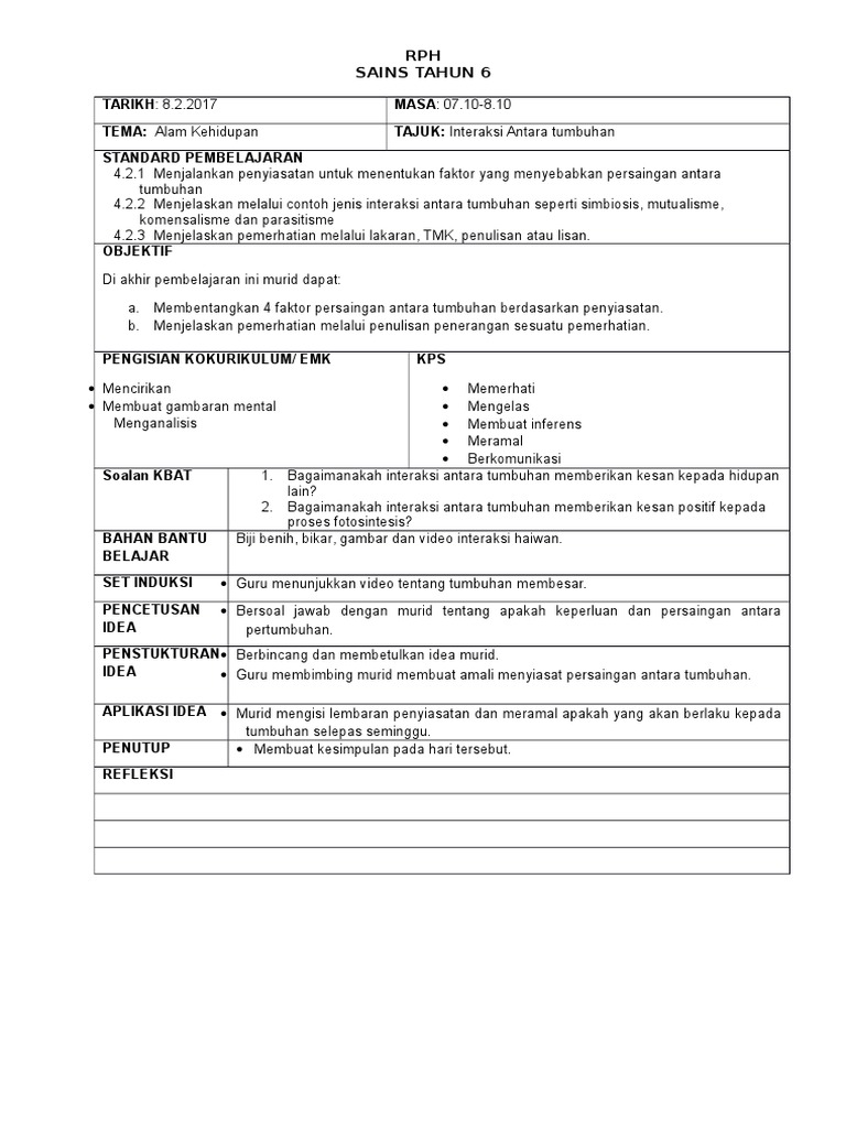 Contoh RPH Sains Tahun 6 | PDF