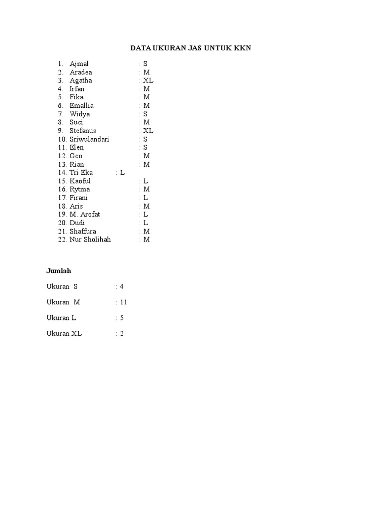 Data Ukuran Jas Untuk KKN | PDF