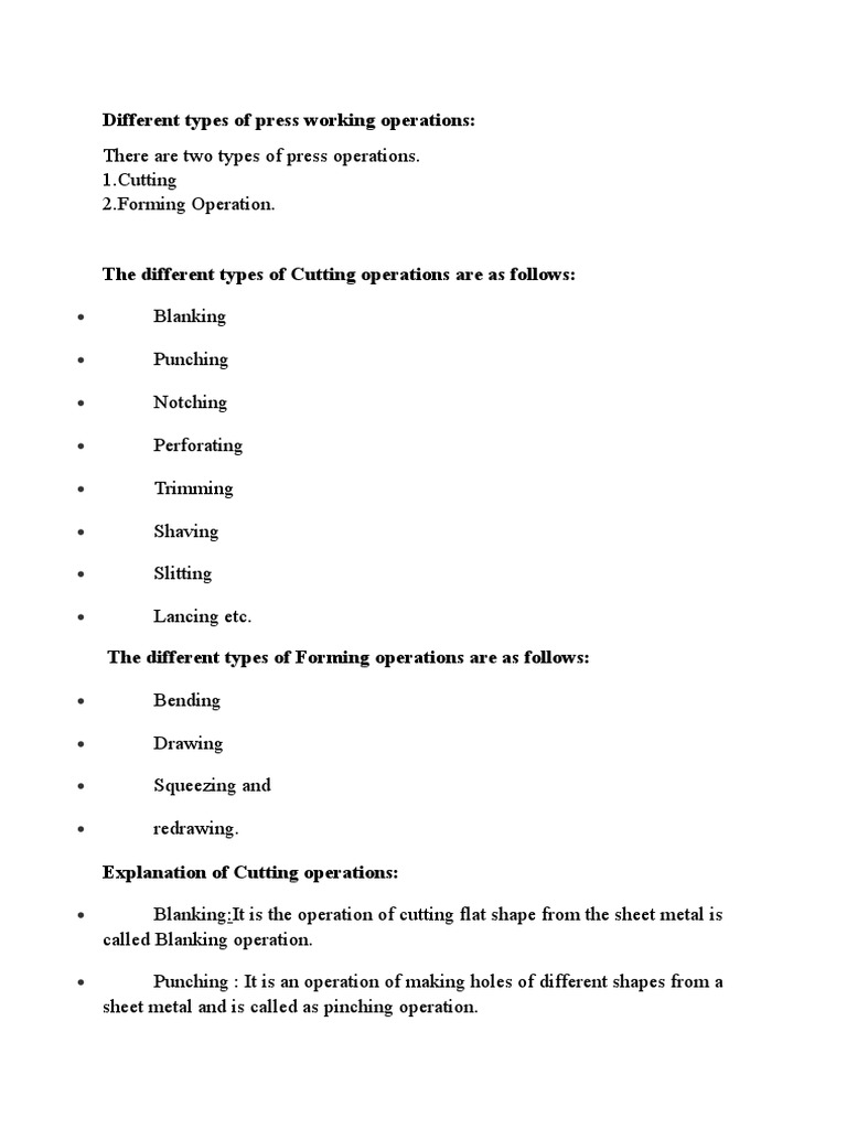 Press Working Operations Types Cutting Forming | PDF | Sheet Metal ...