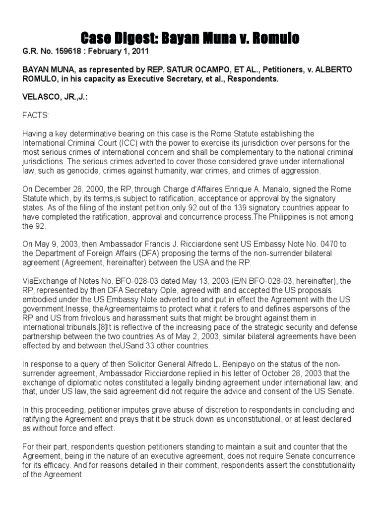 Bayan Muna Vs Romulo Digest | PDF | Treaty | International Criminal Court