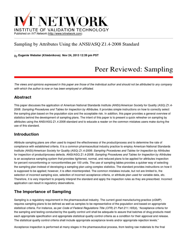 IVT Network - Sampling by Attributes Using The ANSI-ASQ Z1.4-2008 ...